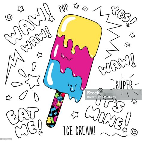 검은 배경에 추상 미술 아이스크림입니다 패션 일러스트 옷에 대 한 현대적인 스타일 그리기입니다 아이 들 옷 T셔츠 직물 및 직물 또는 포장에 대 한 그리기 검은색에 대한