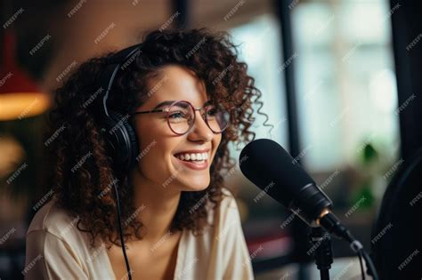 Premium Photo A Woman Sits In Front Of A Microphone Wearing