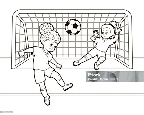색칠 공부 십대 소녀는 목표에 축구 공을 치는 자신의 머리와 축구를 한다 만화 스타일의 벡터 일러스트레이션 고립된 흑백 라인