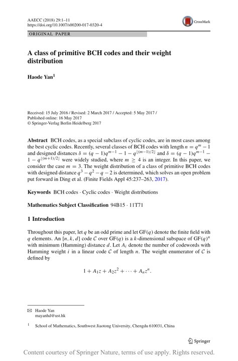 A Class Of Primitive Bch Codes And Their Weight Distribution
