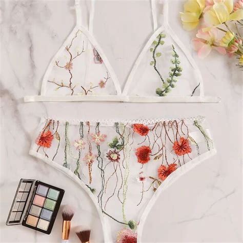 Sheer Mesh Floral Embroidery Sexy Lingerie Set Olona