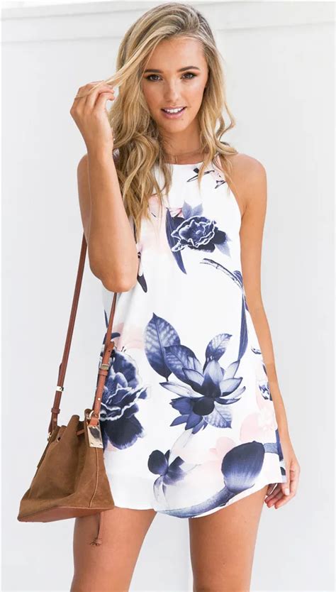 Flowers Print Summer Cute Cami Dress Women Casual Beach Dress Spaghetti