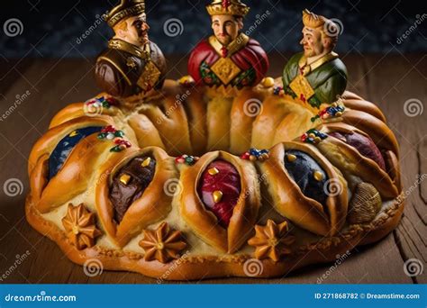 Spanish Three Kings Cake Rosca De Reyes Served On A Dark Wood Table