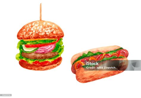 흰색 배경에 고립 된 햄버거와 핫도그 건강한 식생활에 대한 스톡 벡터 아트 및 기타 이미지 건강한 식생활 고기 그릇 Istock