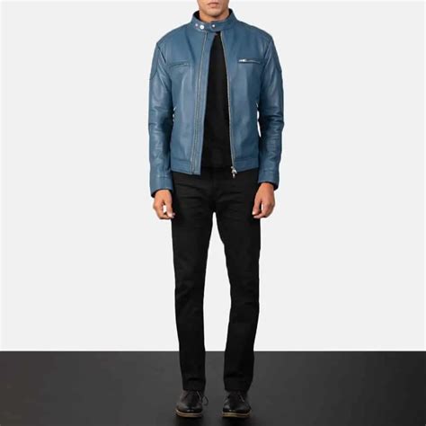 Mens Gatsby Blue Leather Biker Jacket Leather Moto Jacket