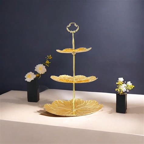 1pc Iron 3 Layer Tray Lotus Leaf Design Tray Modern Creative Cake