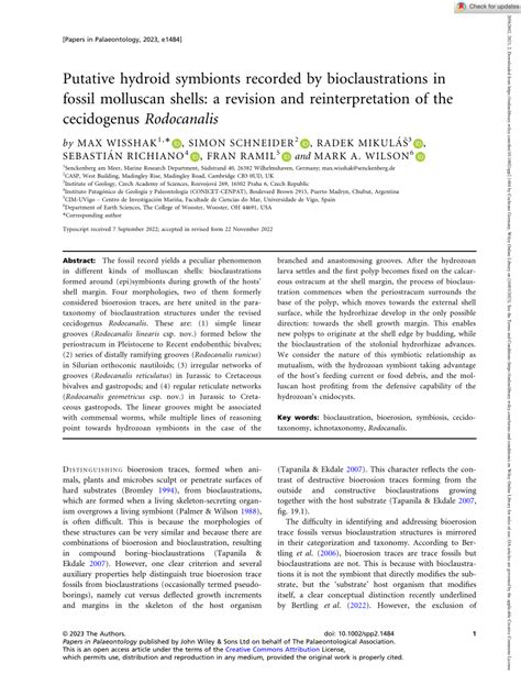 Pdf Putative Hydroid Symbionts Recorded By Bioclaustrations In Fossil