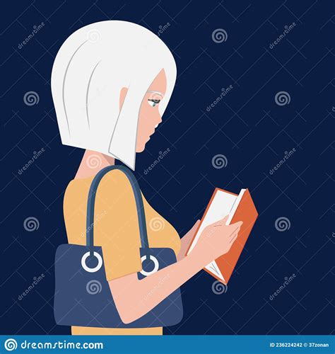 The Blonde Girl Reads An Interesting Book Dark Blue Background Vector