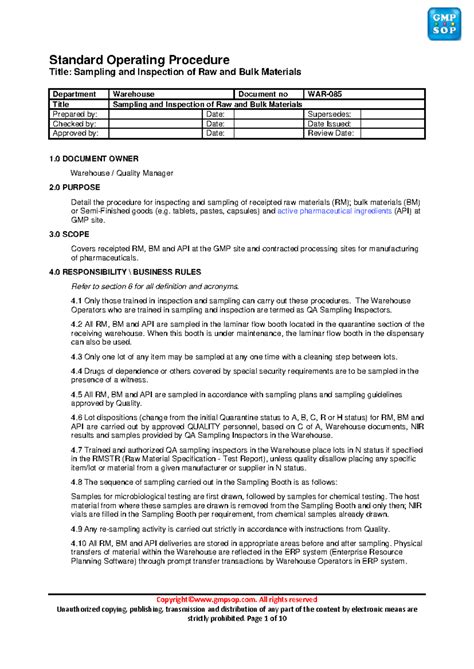 War 085 Sampling And Inspection Of Raw And Bulk Materials Sample Title Sampling And