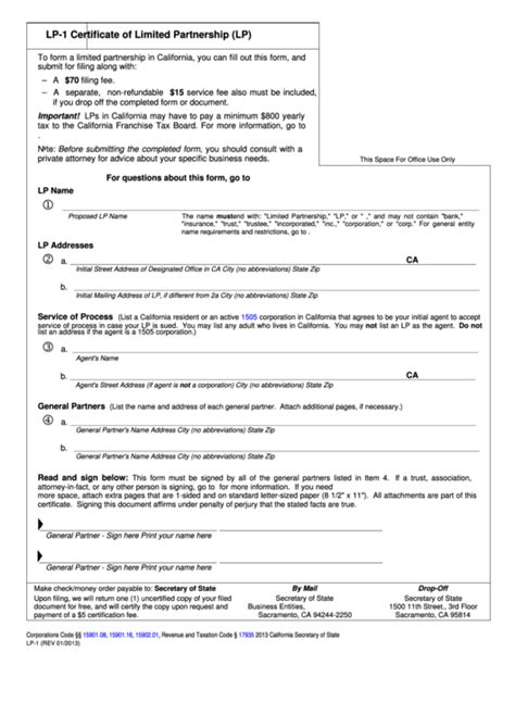 Fillable Form Lp 1 Certificate Form For Limited Partnership Printable Pdf Download