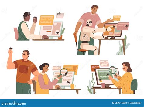 Software Testing And Repair Engineers Cartoon Set Stock Vector