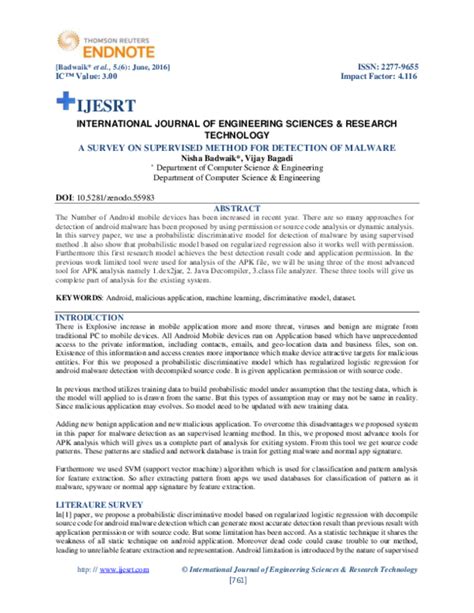 pdf a survey on supervised method for detection of malware
