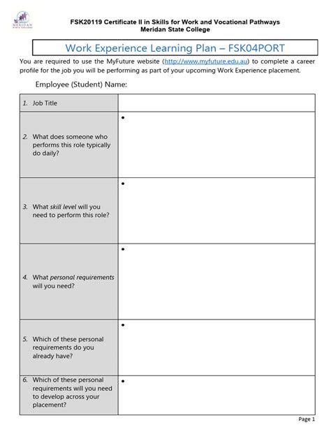 Work Experience Learning Plan Download Free Pdf Internship Job