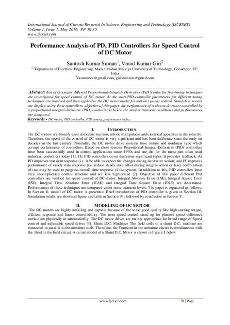 Pdf Performance Analysis Of Pd Pid Controllers For Speed Control Of
