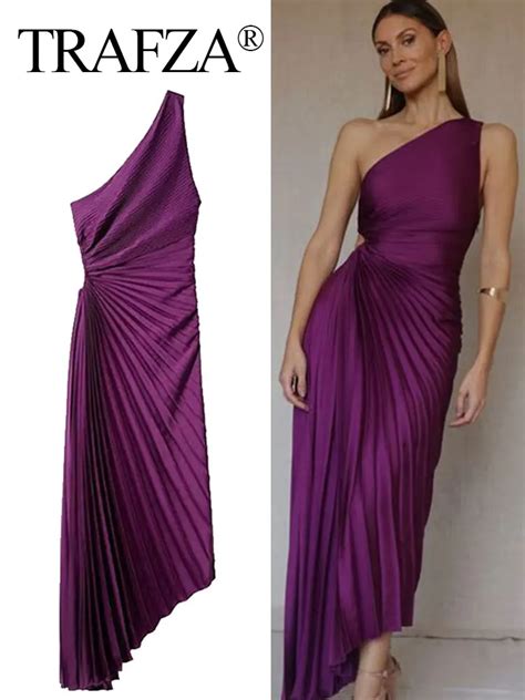 TRAFZA Mulheres Elegante Ruffled Um Ombro Vestido Plissado Sem Encosto