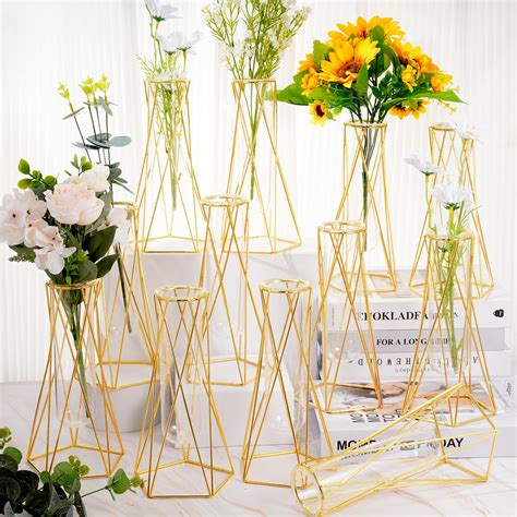 Dandat 12 Pcs Gold Geometric Vase For Centerpieces Glass Vase With