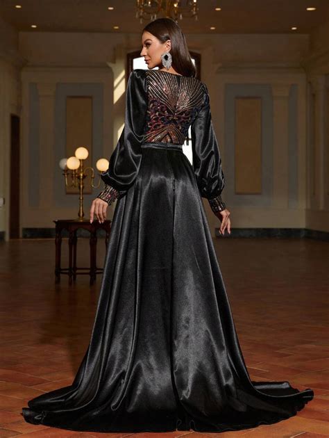Faeriesty Plunging Neck Lantern Sleeves Sequin Formal Dress Shein Uk
