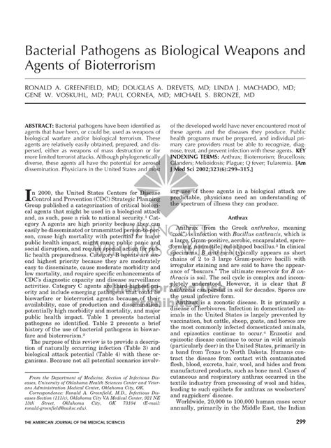Pdf Bacterial Pathogens As Biological Weapons And Agents Of Bioterrorism