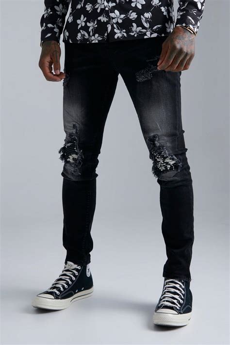 Mens Skinny Rip And Repair Floral Jeans Boohoo Uk