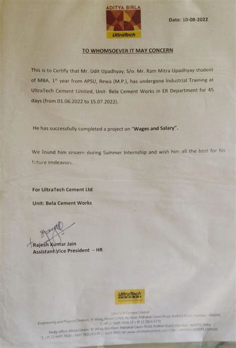 Ultratechcementadityabirlagroup Intershipcertificate