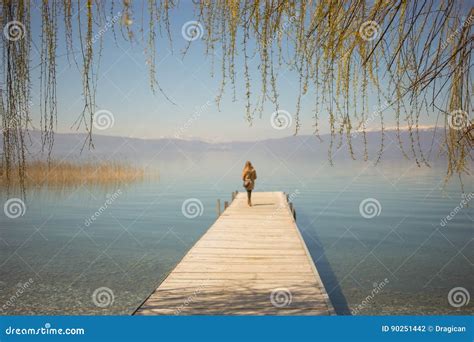 Silhouette Du S De Femme Se Tenant Sur Un Pilier De Lac Photo Stock