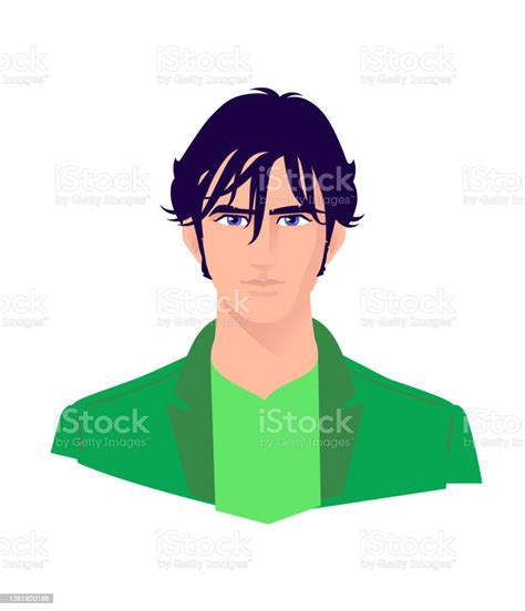 젊은 세련된 남자의 그림 광고 및 디자인성인 남자 만화 캐릭터 그린 재킷의 밝은 애니메이션 룩 프로필 아바타 영화의 영웅 1980 1989 년에 대한 스톡 벡터 아트 및