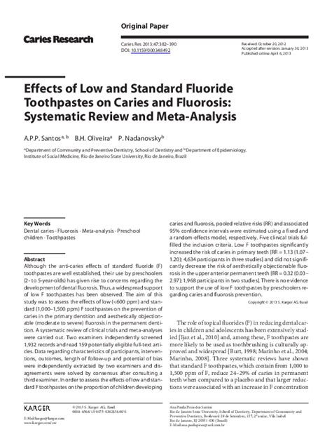 Pdf E Effects Of Low And Standard Fluoride Toothpastes On Caries And Fluorosis Systematic