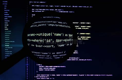 Php Code Under Magnifier Light Code On The Dark Blue Background Stock