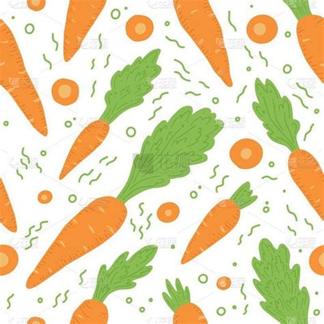 简单四方连续纹样胡萝卜绘画插图矢量农业可爱的素食蔬菜菜单