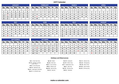 1977 Yearly Calendar — Print Pdf With Holidays And Week Numbers