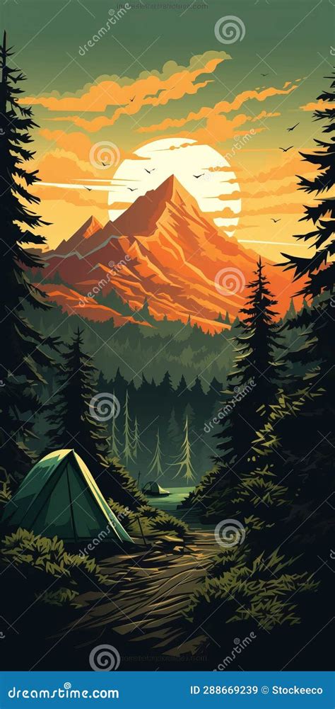 Retrodirective Camping Poster With Scenic Forest View Stock