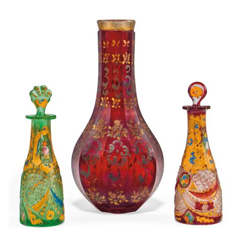 Two Bohemian Cut And Enamelled Glass Scent Bottles And Stoppers And A Bottle Vase Late 19th