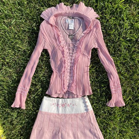 Vintage Pastel Pink Ruffle Lace Up Button Blouse🌸💗 Depop