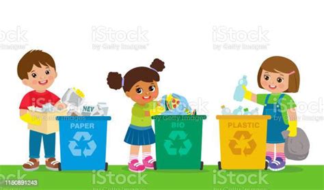 아 이들은 재활용을 위해 쓰레기를 수집 합니다 세계를 저장 합니다 소년과 소녀 분리 재활용 빈 유기농 종이 플라스틱 아이에 대한