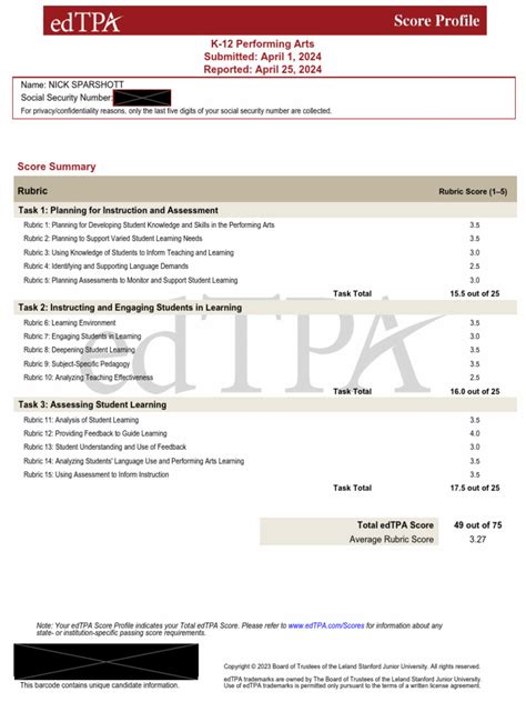 Edtpa Scores Download Free Pdf Rubric Academic Learning
