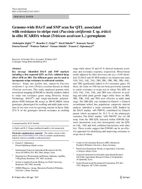 Pdf Genome‑wide Dart And Snp Scan For Qtl Associated With Resistance To Stripe Rust Puccinia