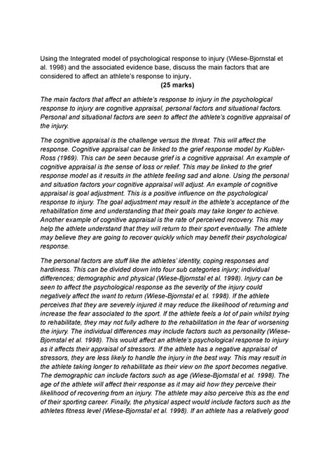 Using The Integrated Model Of Psychological Response To Injury 1998