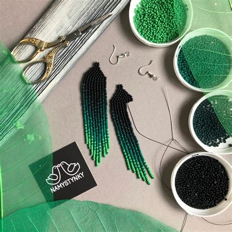 Black Green Beaded Earrings Long Earrings Seed Bead Earrings Etsy