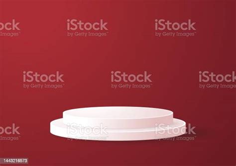 빨간색 배경에 흰색 3d 연단 모형 빈 무대 또는 빨간색 배경에 고립 된 받침대 모형 시상식 및 제품 프리젠 테이션을위한 연단