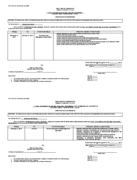 Prc Certificate Of Experience Word 2014 Pdf