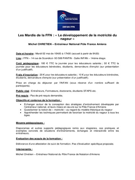 Remplissable En Ligne Mardi FFN Le Dveloppement De La Motricit Du