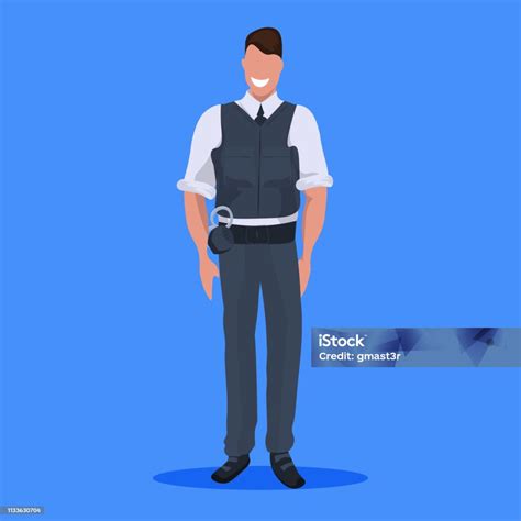 경찰 남자 장교 유니폼 남성 경찰 경비원 전문 직업 개념 만화 캐릭터 전체 길이 플랫 파란색 배경 개념에 대한 스톡 벡터 아트 및 기타 이미지 Istock