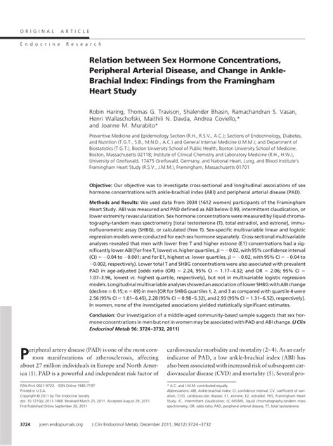 Pdf Relation Between Sex Hormone Concentrations Peripheral Arterial