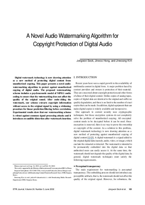 Pdf A Novel Audio Watermarking Algorithm For Copyright Protection Of