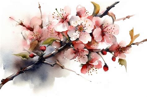 Una Pintura De Acuarela De Una Rama De Flores De Cerezo Foto Premium