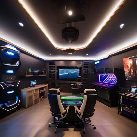 A Spaceship Themed Gaming Room With Console Stations Led Lighting And