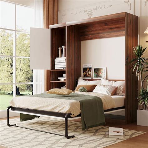 Harper And Bright Designs White And Brown Wood Frame Full Size Murphy Bed