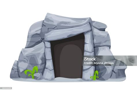 흰색 배경에 고립 된 만화 스타일의 바위에서 석기 시대 동굴 선사 시대 진화의 고대 개체 원시인 집 야외 금이 요소 Ui 게임