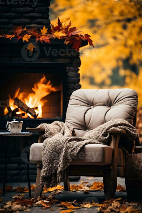 A Warm Living Room With A Crackling Fireplace Autumn Leaves Outside And