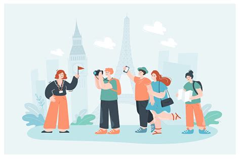 관광객 관광객 관광 및 여성 투어 가이드 들고 플래그의 그룹 개념에 대한 스톡 벡터 아트 및 기타 이미지 개념 관광